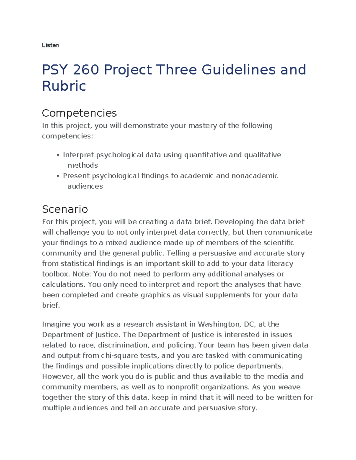 Doc5 - Guidelines and rubric - Listen PSY 260 Project Three Guidelines and Rubric Competencies ...