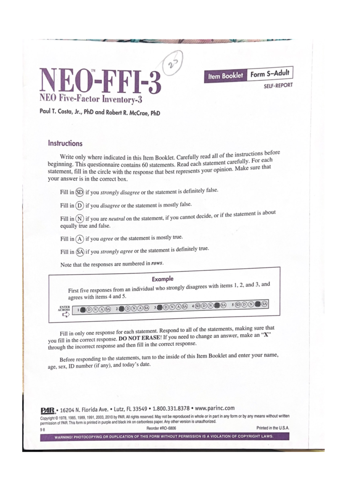 NEO-FFI-3 - five factor personality questionnaire - V TM Item Booklet ...