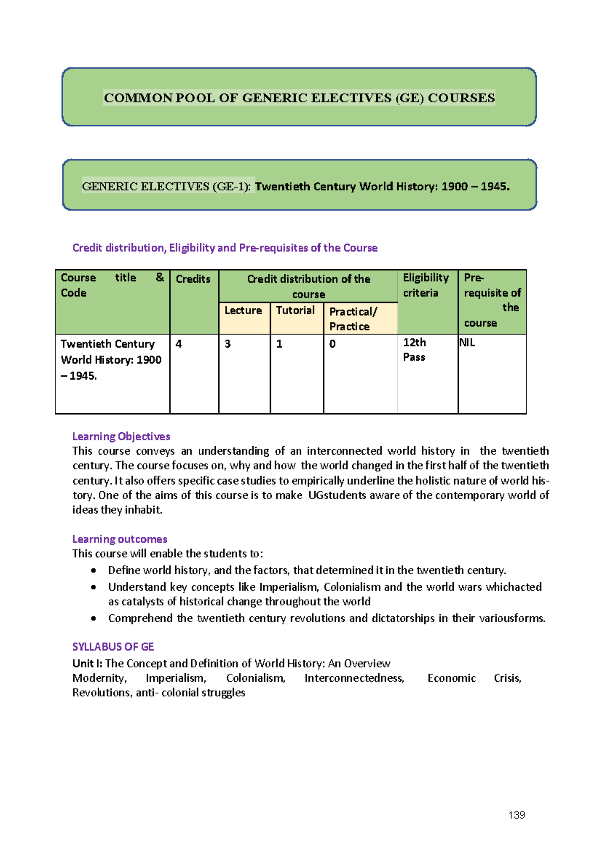 Twentieth Century World History GE Syllabus (Course Code: GE-1) - Studocu