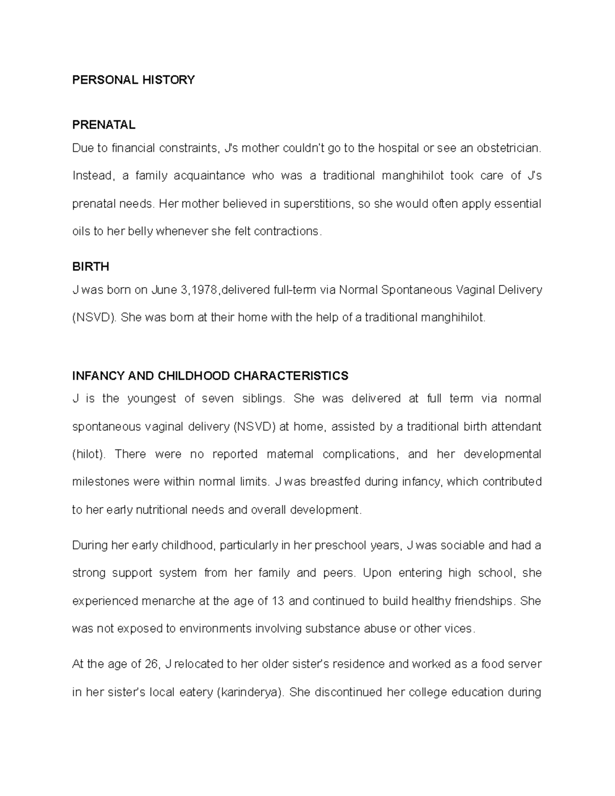 Personal History Family TREE - PERSONAL HISTORY PRENATAL Due to ...