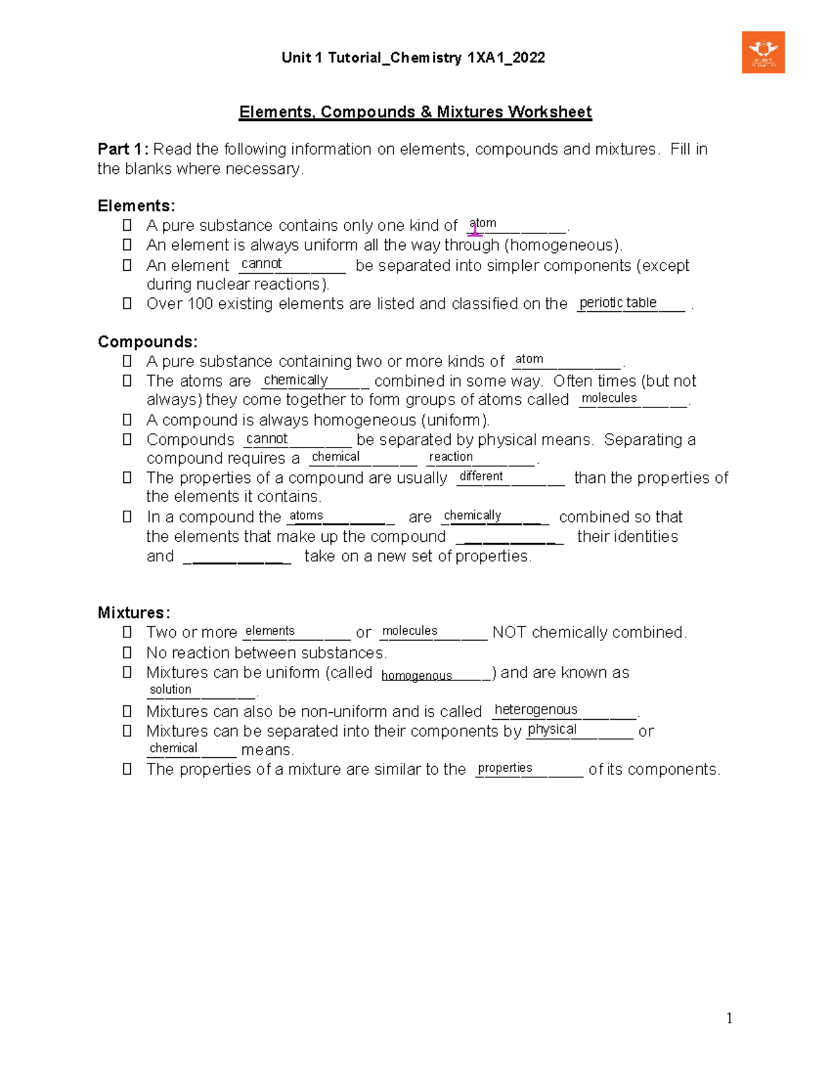 Unit 1 Chemistry Tutorial 1XA1: Properties and Classifications of ...