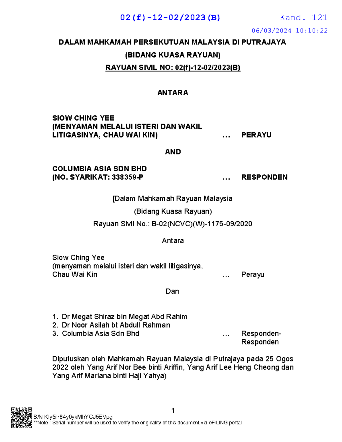 Kand. 121: Rayuan Sivil Siow Ching Yee v Columbia Asia Sdn Bhd di ...
