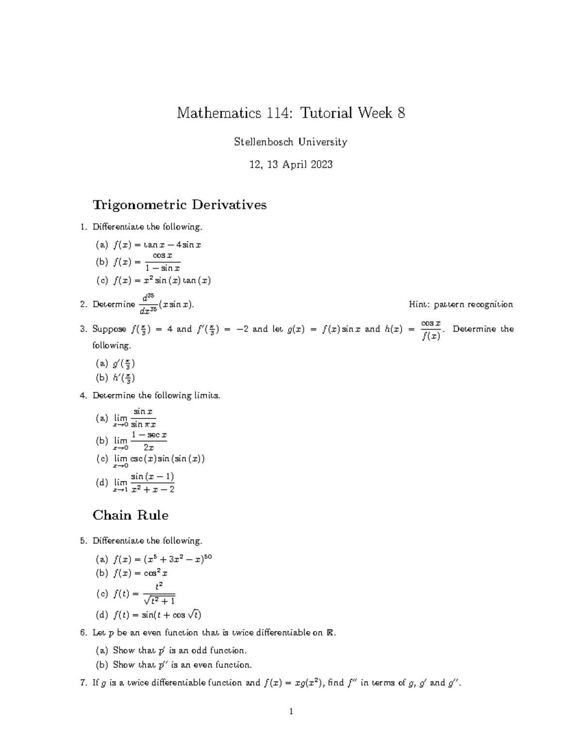 Tut 8 - Tut - Mathematics 114: Tutorial Week 8 Stellenbosch University ...