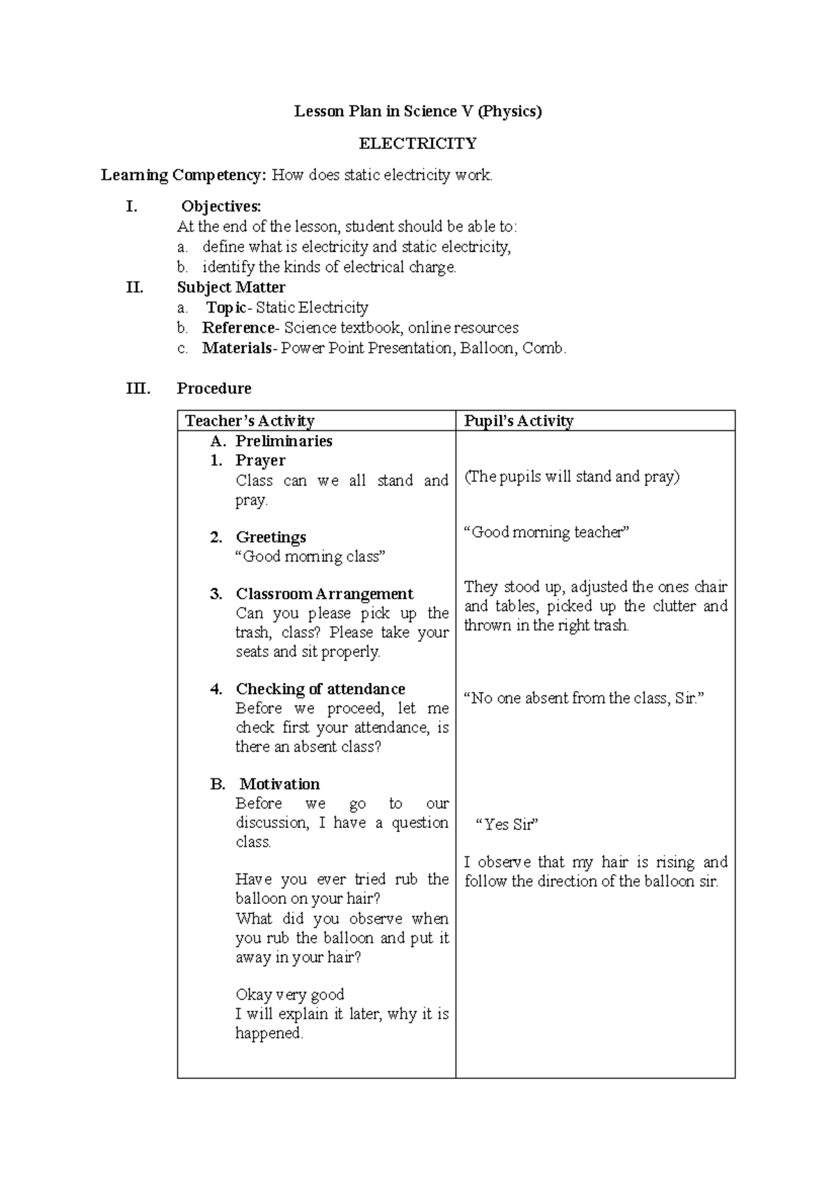 DLP Science V (Physics) Lesson Plan: Understanding Static Electricity ...