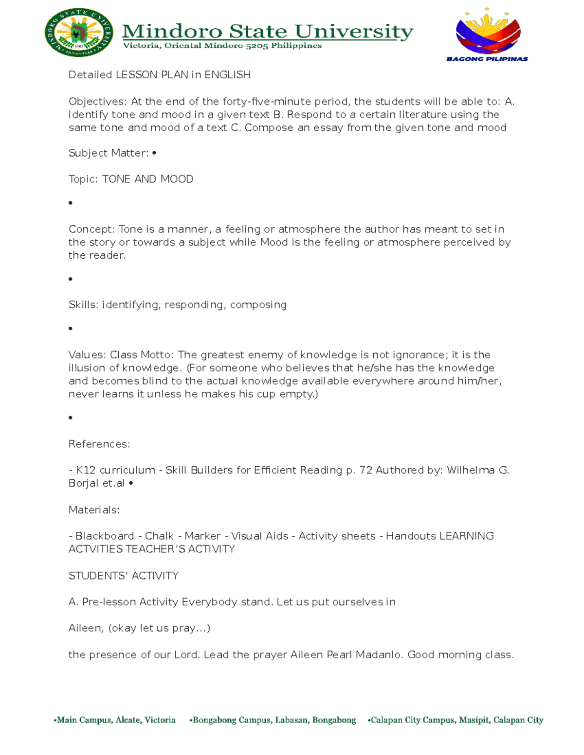 Detailed Lesson Plan: TONE AND MOOD in English (Eng 101) - Studocu