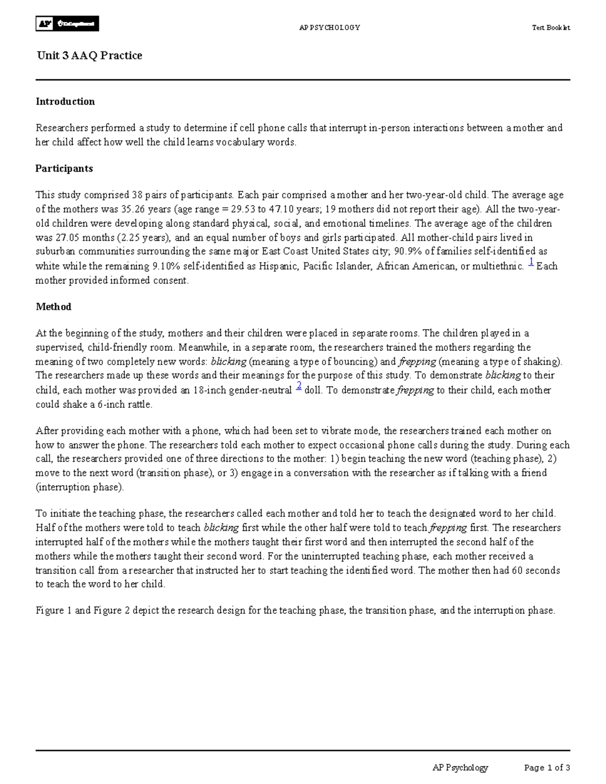 AP PSYCHOLOGY Unit 3 AAQ Practice: Impact of Phone Calls on Child ...