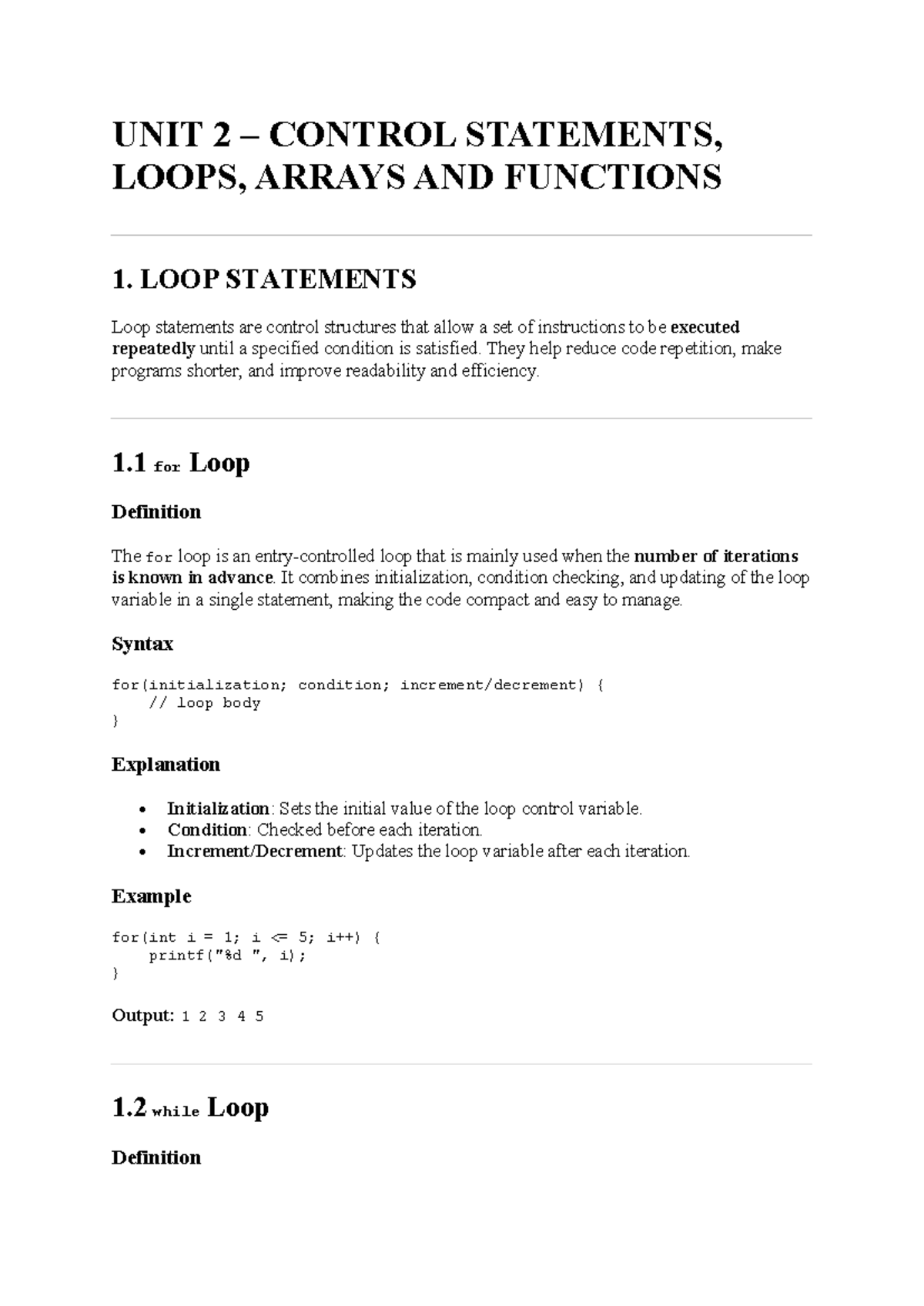UNIT 2 - Control Statements, Loops, Arrays & Functions Notes - Studocu