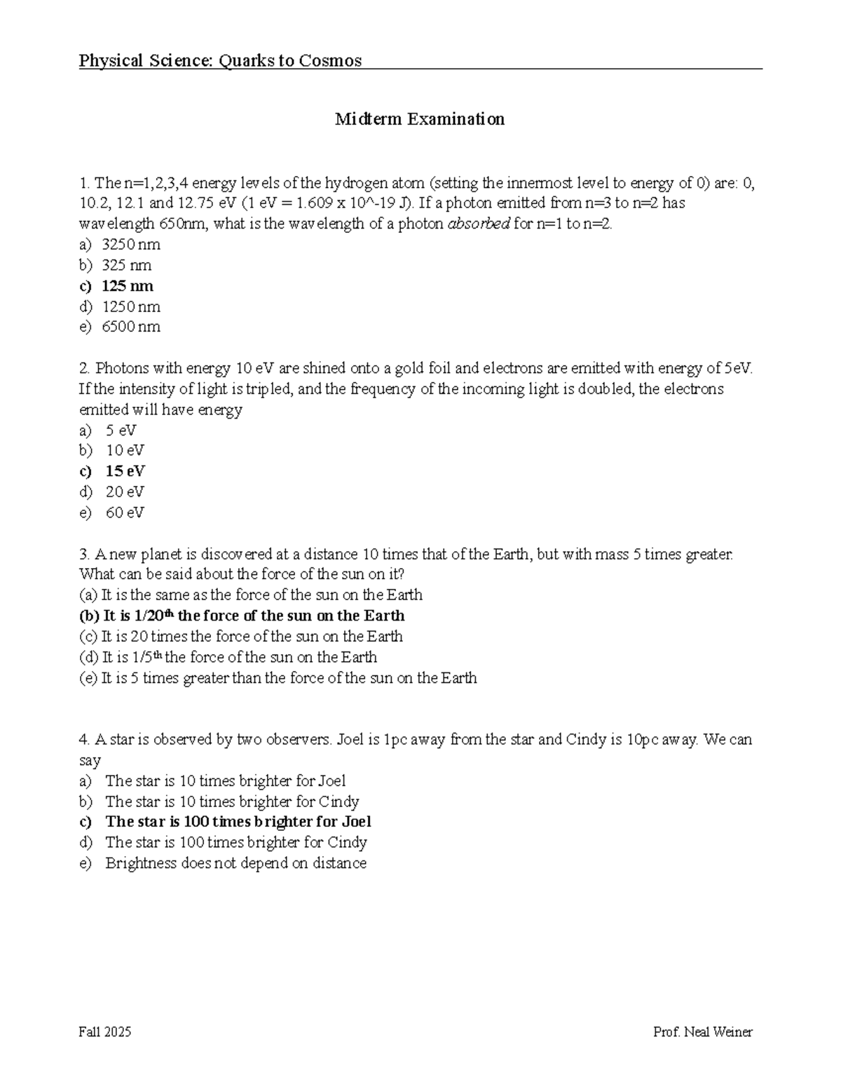 Physical Science: Quarks to Cosmos Midterm Exam 1 Practice - Studocu