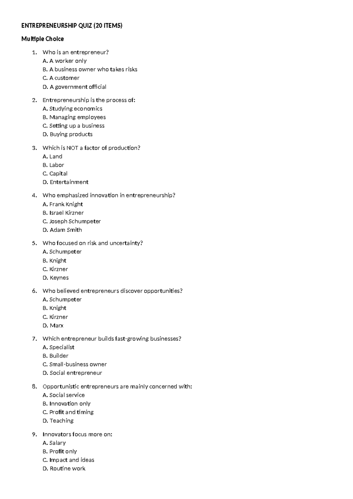 ENTREPRENEURSHIP QUIZ (20 ITEMS) - Multiple Choice Questions - Studocu