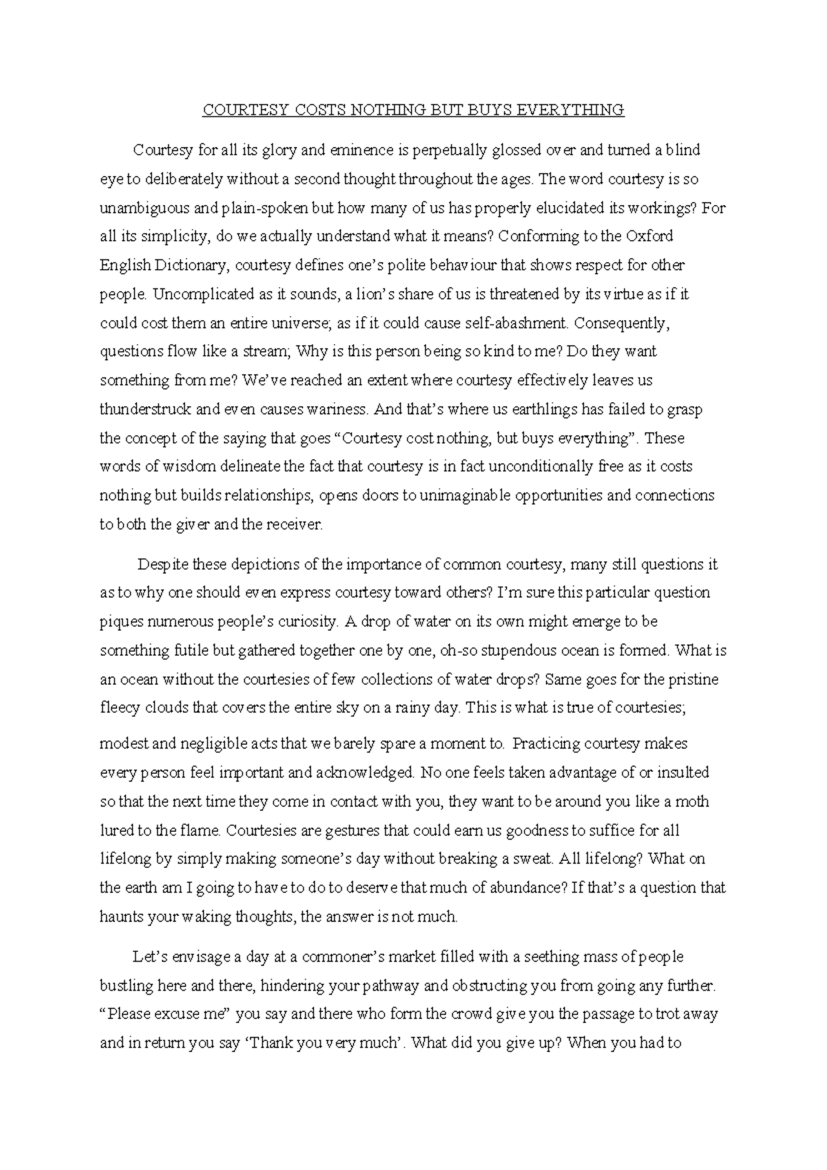 COURSE CODE: ESSAY - The Value of Courtesy in Everyday Life - Studocu