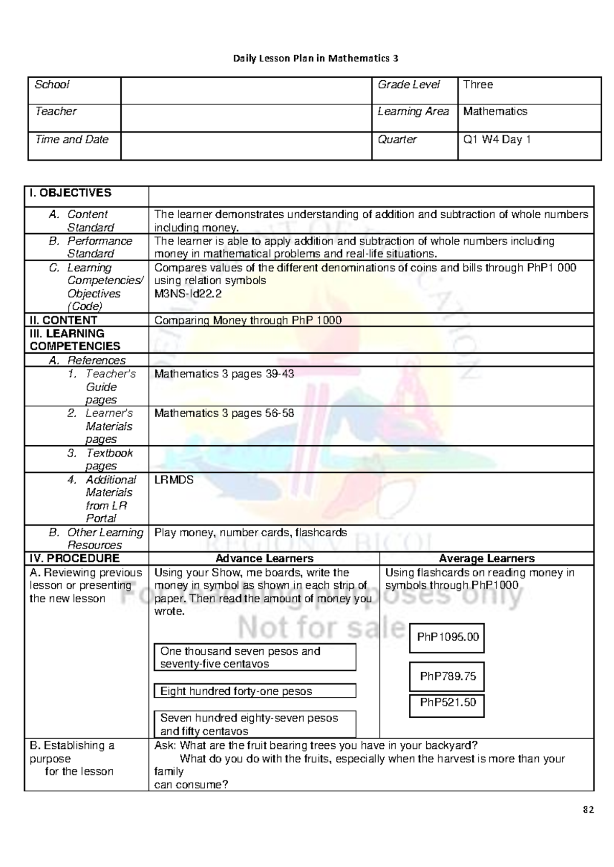 Daily Lesson Plan: Mathematics 3 Q1 W4 Days 1-5 Activities and ...