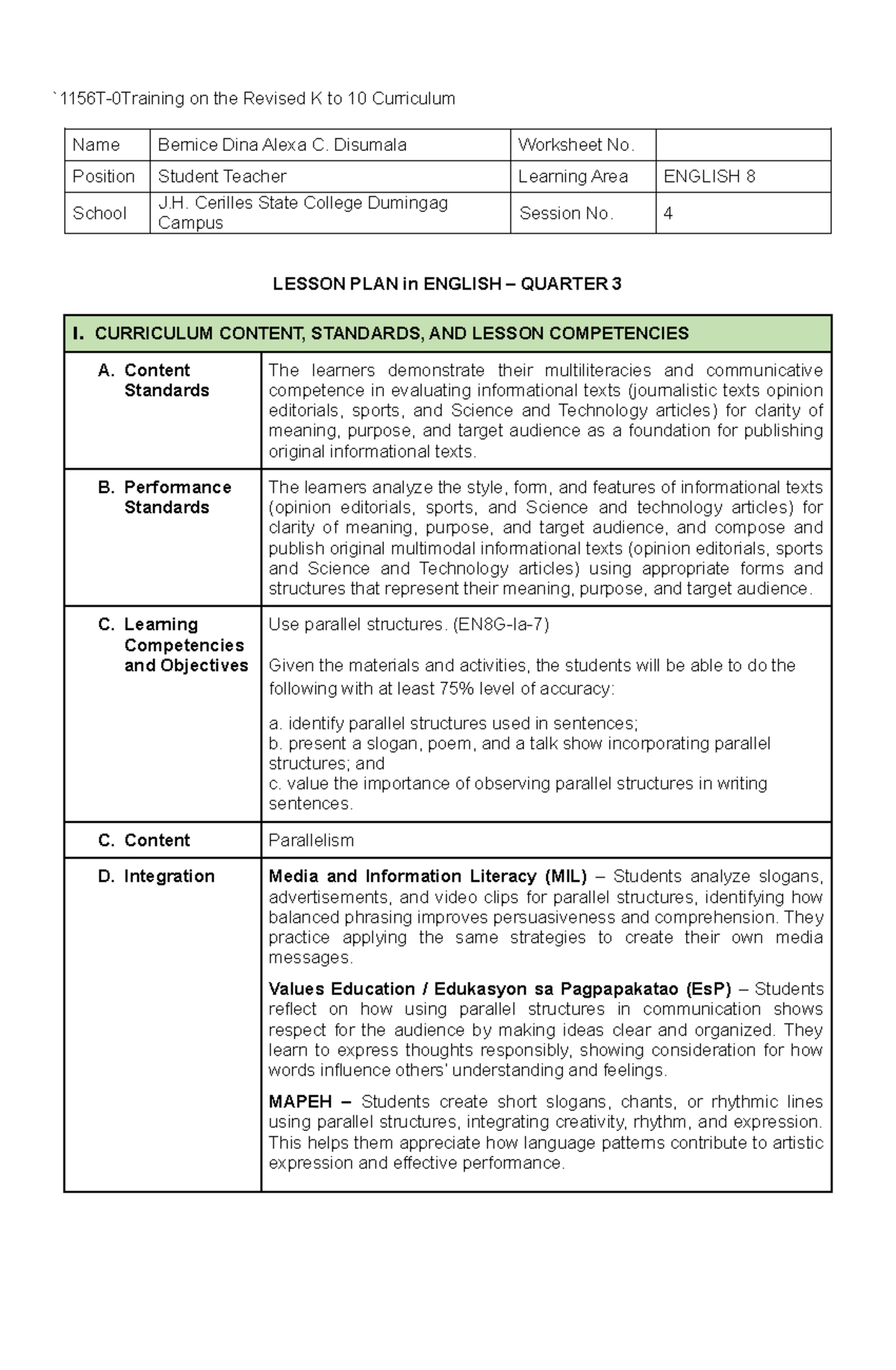 ENGLISH 8 Lesson Plan: Using Parallel Structures in Quarter 3 - Studocu