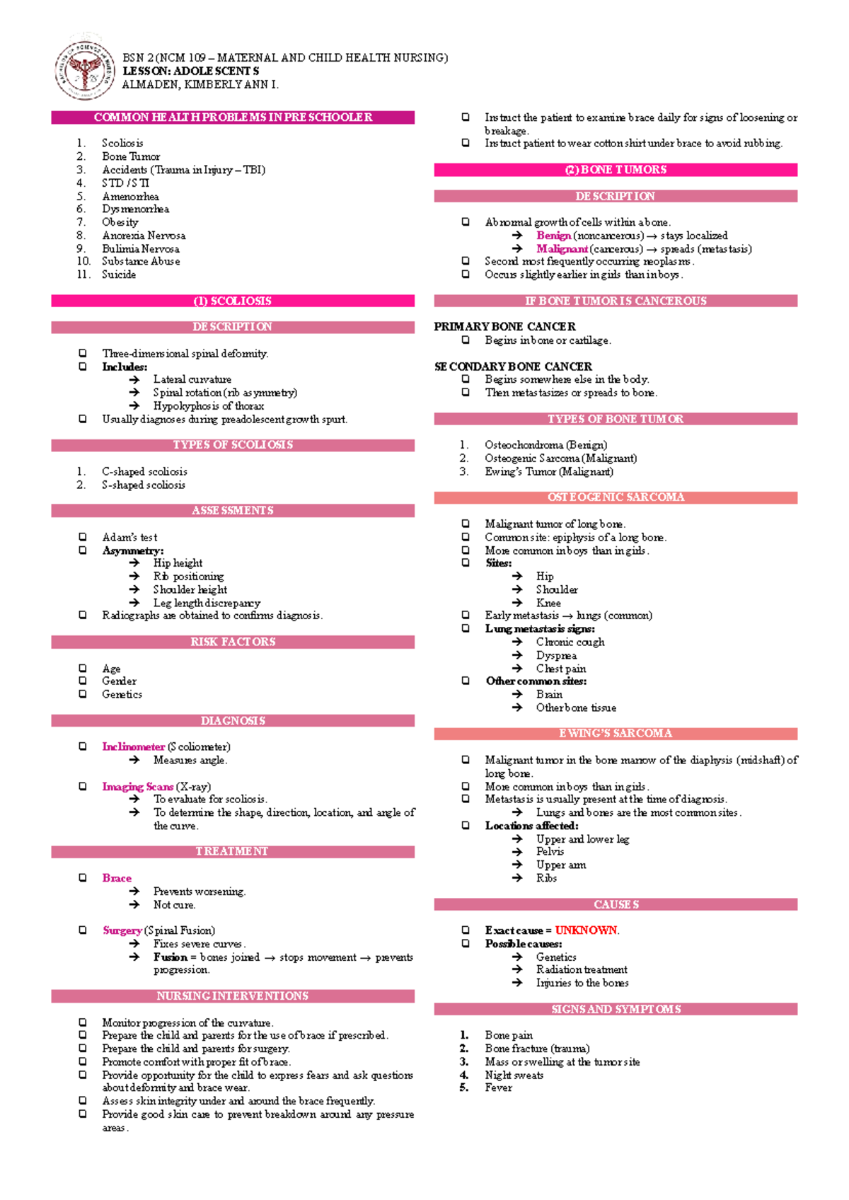 NCM 109 T1 (Finals) - Reviewer on Common Health Issues in Adolescents ...
