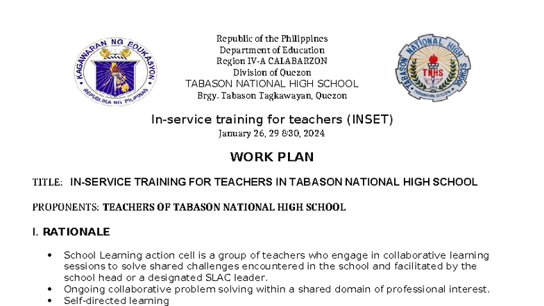INSET WORK PLAN for Teacher Training at Tabason National High School ...