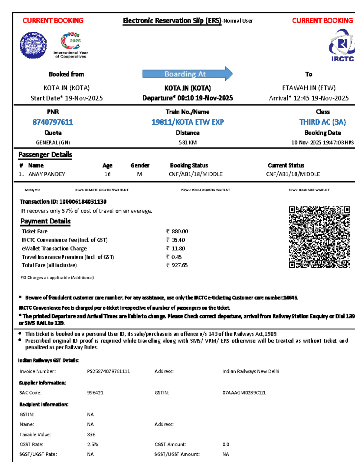 Electronic Reservation Slip for Train 8740797611 - Studocu