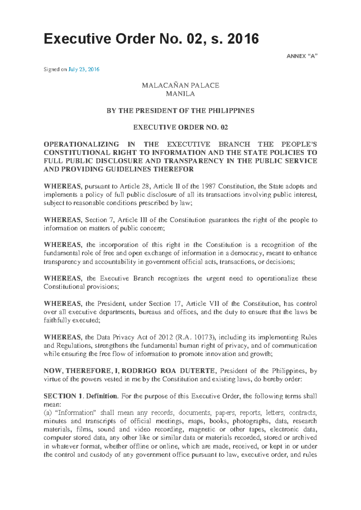 Executive Order No. 02, s. 2016: Guidelines for Right to Information ...