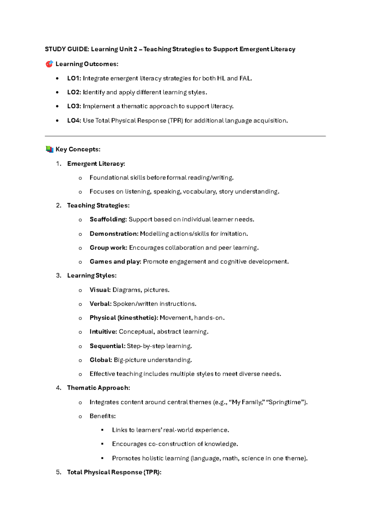 Study Guide: Teaching Strategies for Emergent Literacy (EDU 101) - Studocu