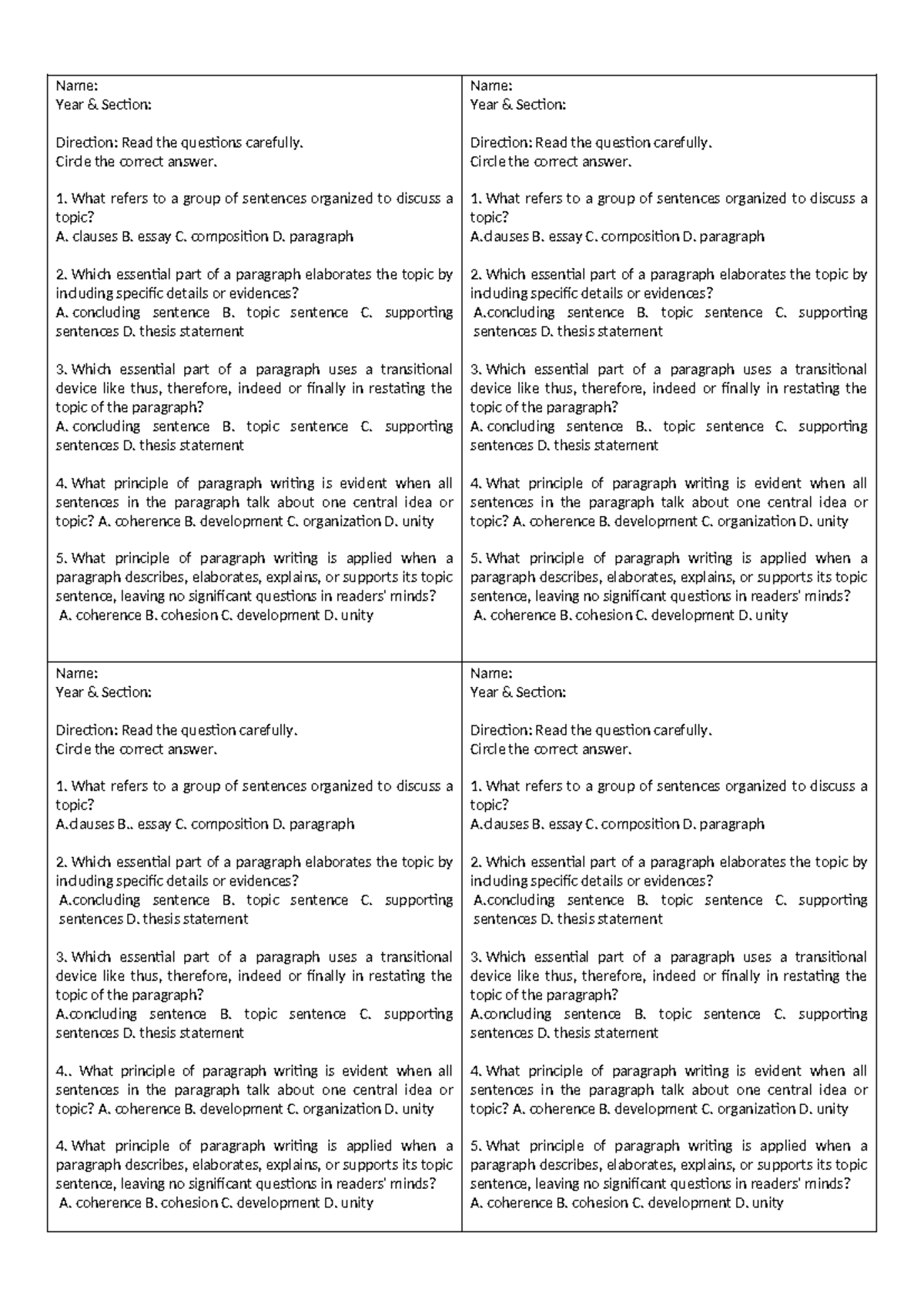Assessment Eng - Quiz on Paragraph Writing Principles - Studocu