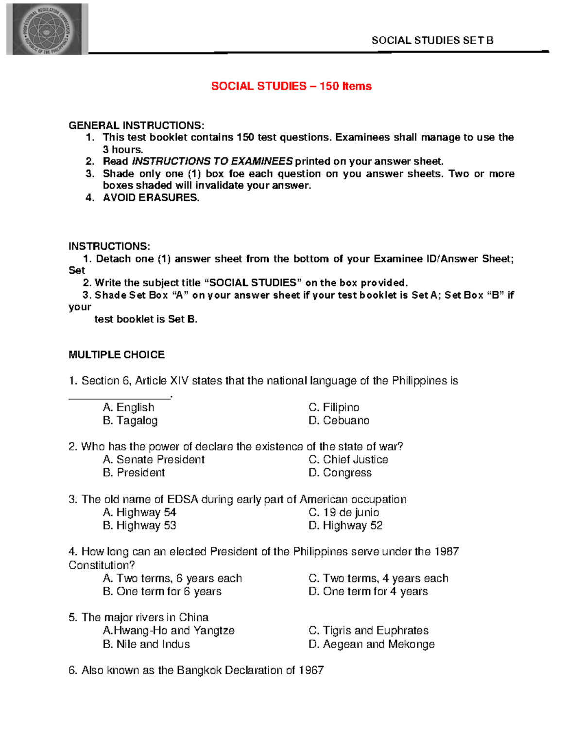 Socscie 2 - Reviewer - SOCIAL STUDIES – 150 Items GENERAL INSTRUCTIONS ...