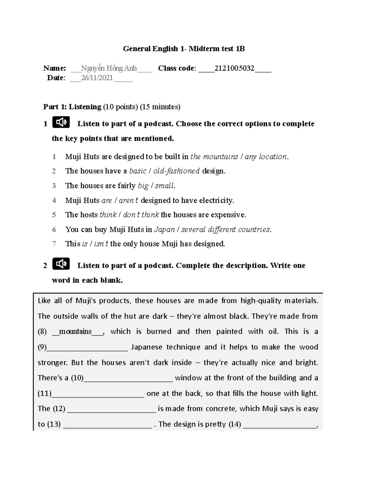 English 1 Midterm Test 1B - Listening and Writing Parts - Studocu