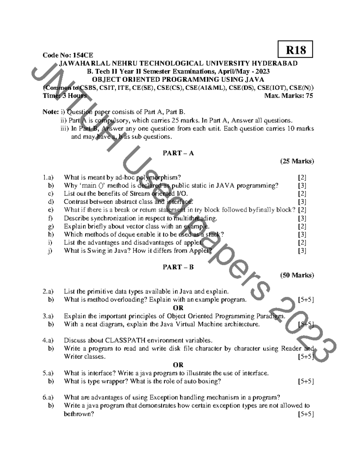 R18 154CE B.Tech II Year II Sem April-May 2023 OOP Using Java Exam ...