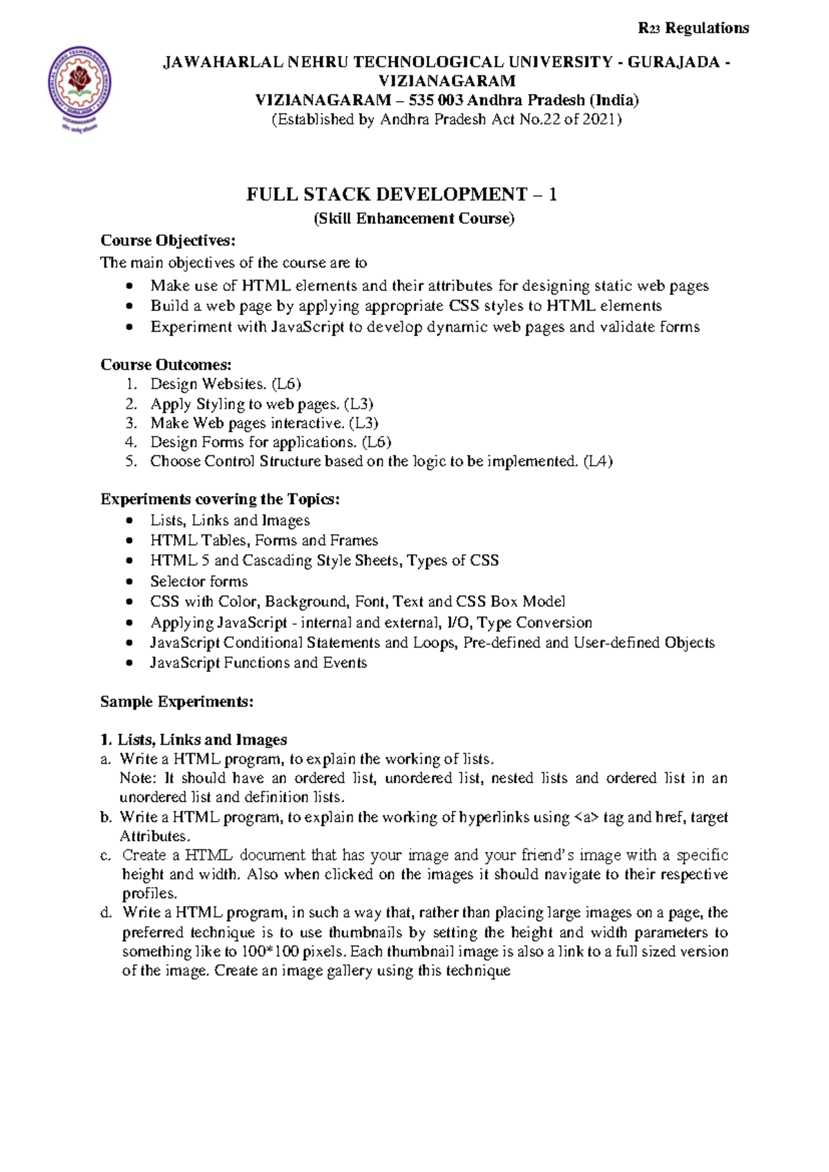 R23 Full Stack Development Course Overview and Experiments - Studocu