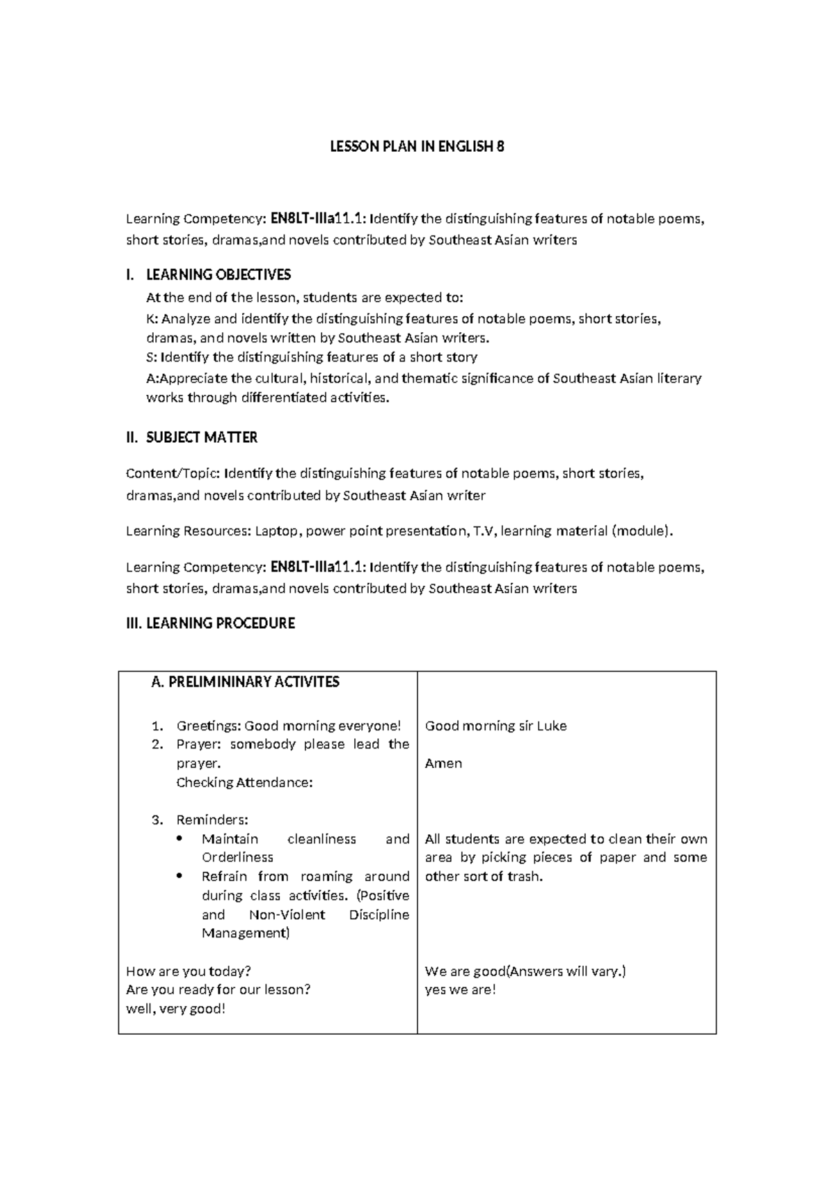 EN8 Lesson Plan: Distinguishing Features of Southeast Asian Literature ...