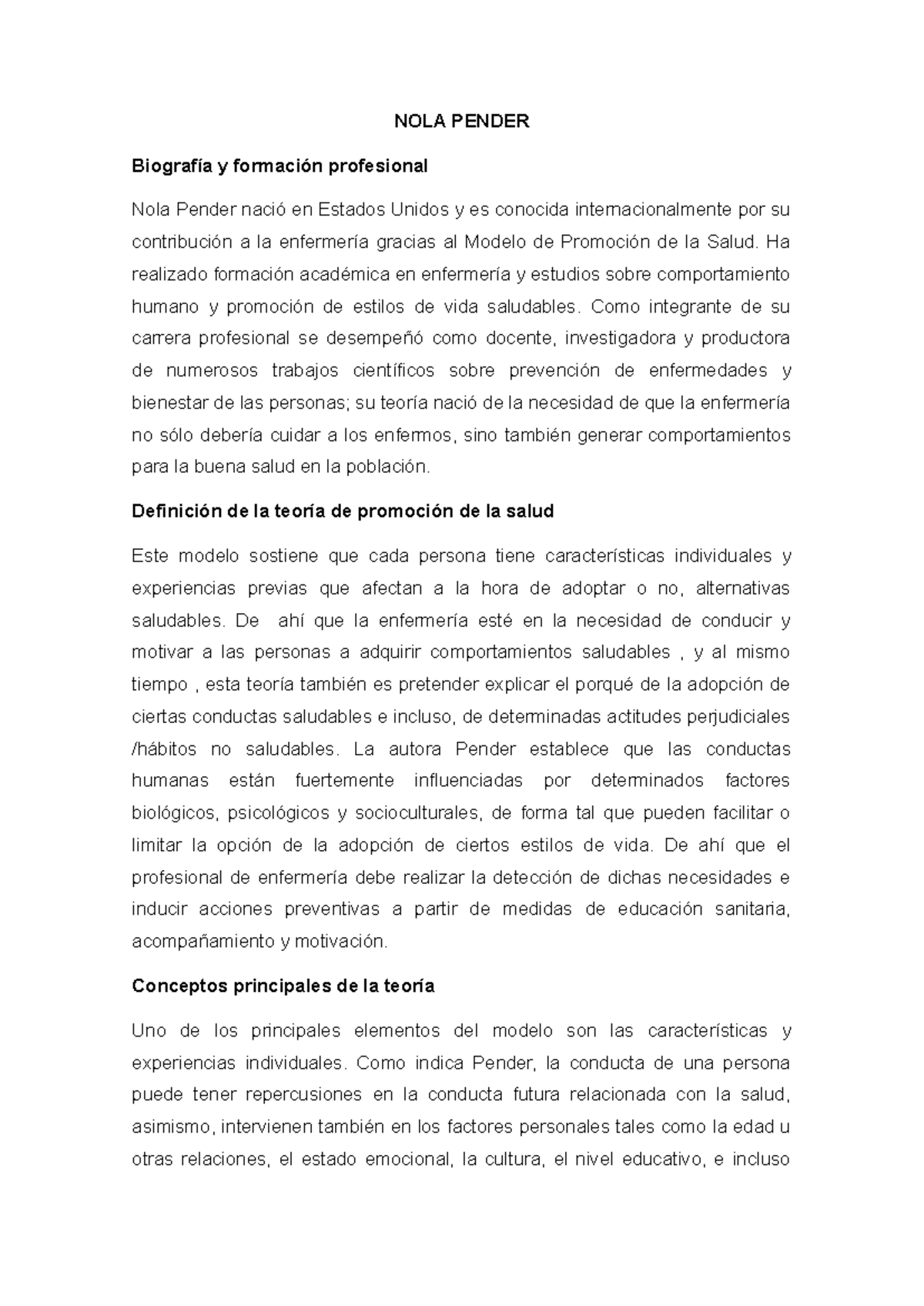 Avance de Ensayo sobre el Modelo de Promoción de la Salud de Nola ...