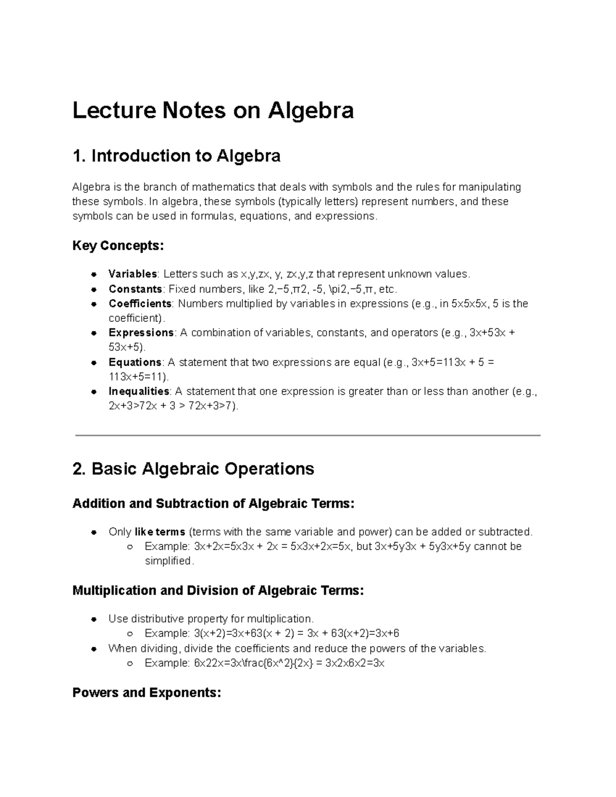 Algebra Lecture Notes: Concepts, Operations, and Equations - Studocu
