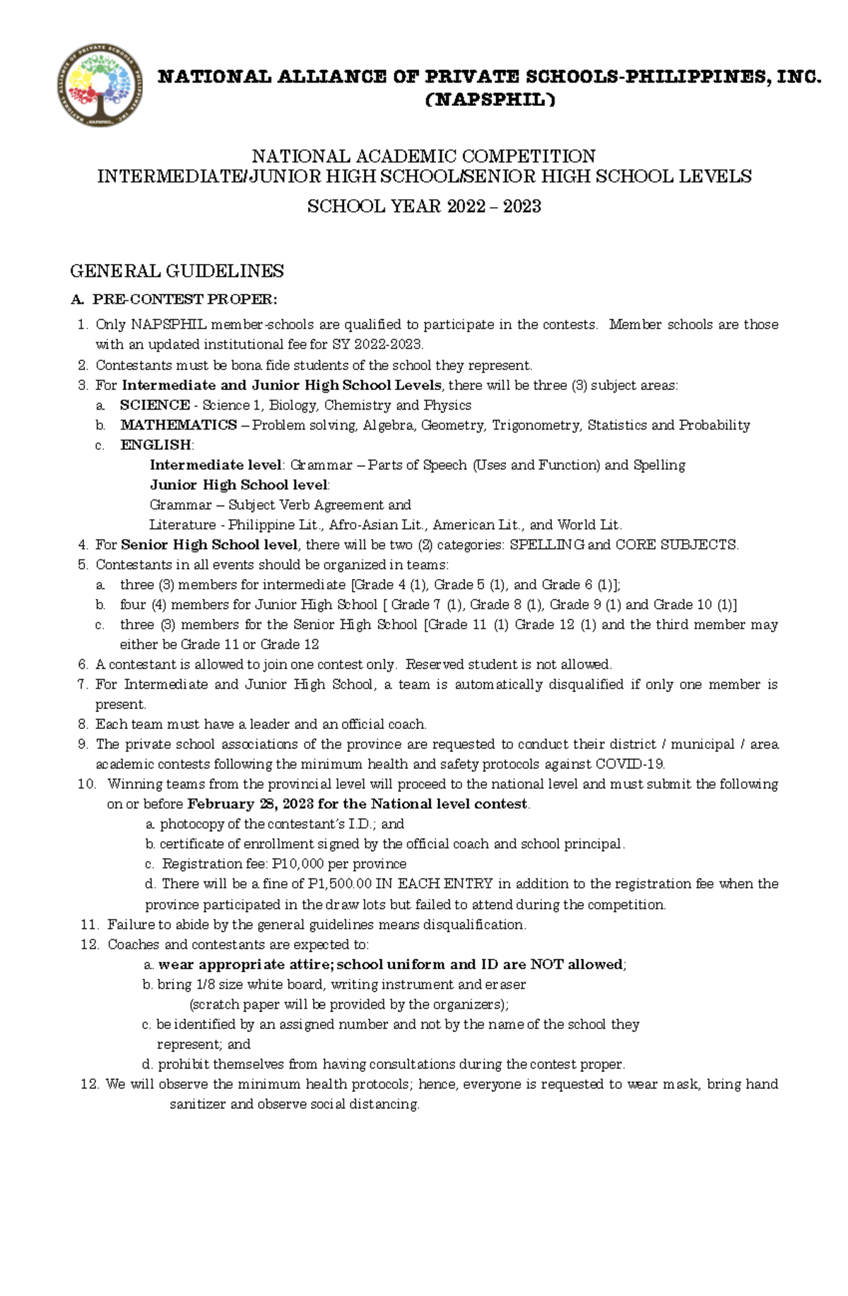 Quiz Bee 2023 Official Guidelines and Mechanics for NAPSPHIL - Studocu