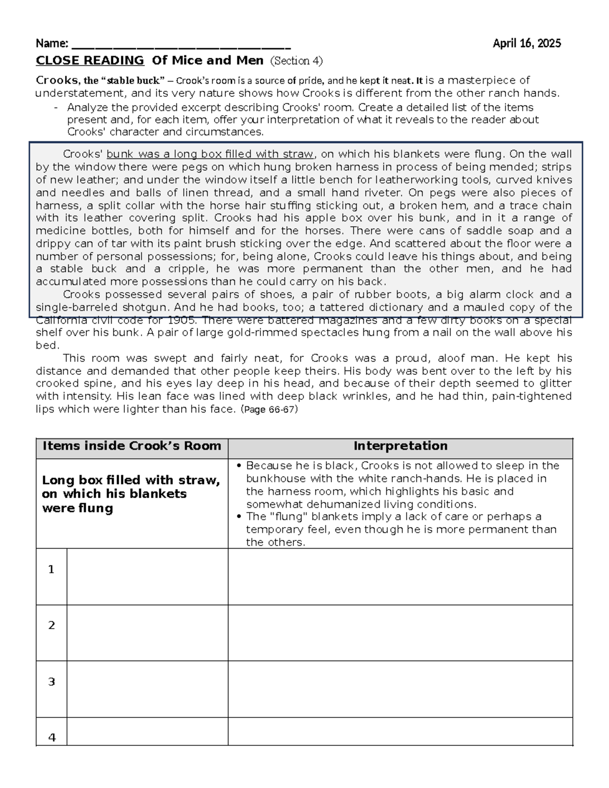 OMM Close Reading: Analyzing Crooks' Room in Of Mice and Men - Studocu