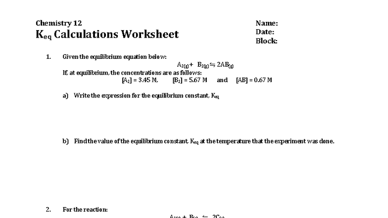 Chemistry 12 Harder Keq Calculation Worksheet - Studocu