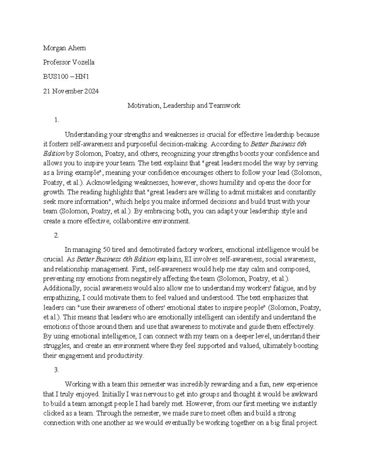 GEN ED Leadership Assessment - Morgan Ahern Professor Vozella BUS100 ...