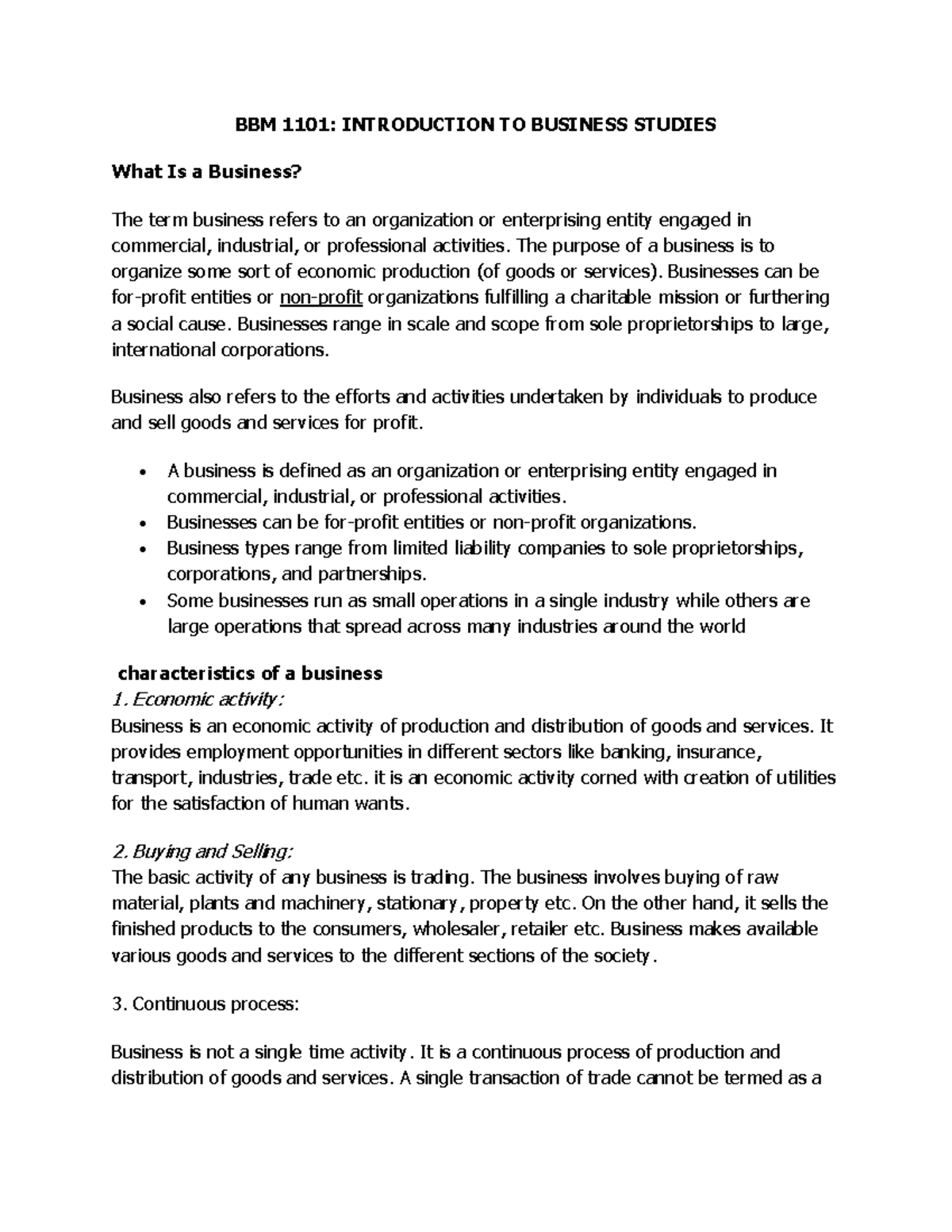 BBM 1101: Introduction to Business Study Notes and Key Concepts - Studocu