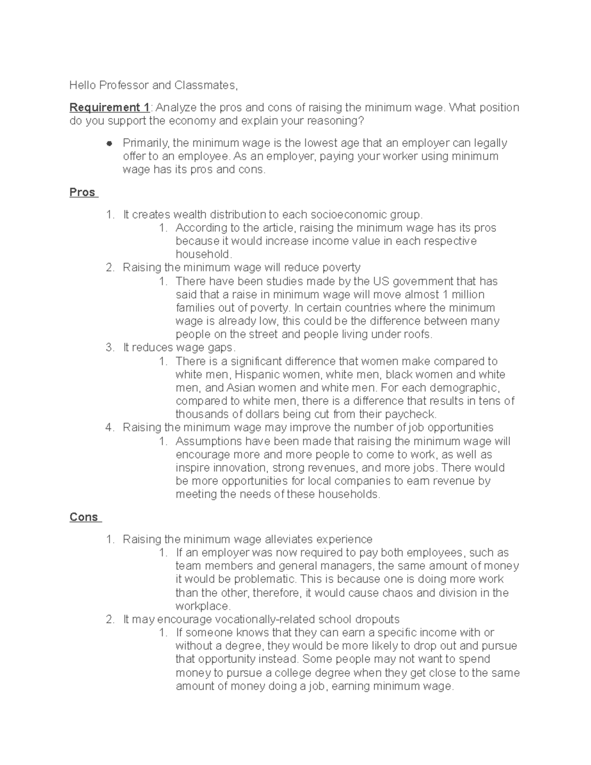 Economics Discussion: Minimum Wage Pros & Cons Analysis Wk 14 - Studocu