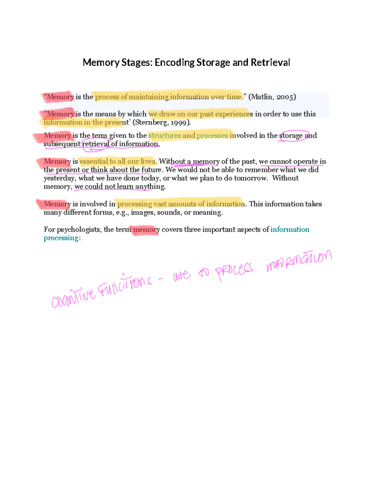 Memory Processing: Stages of Encoding, Storage, and Retrieval (PSY 101 ...