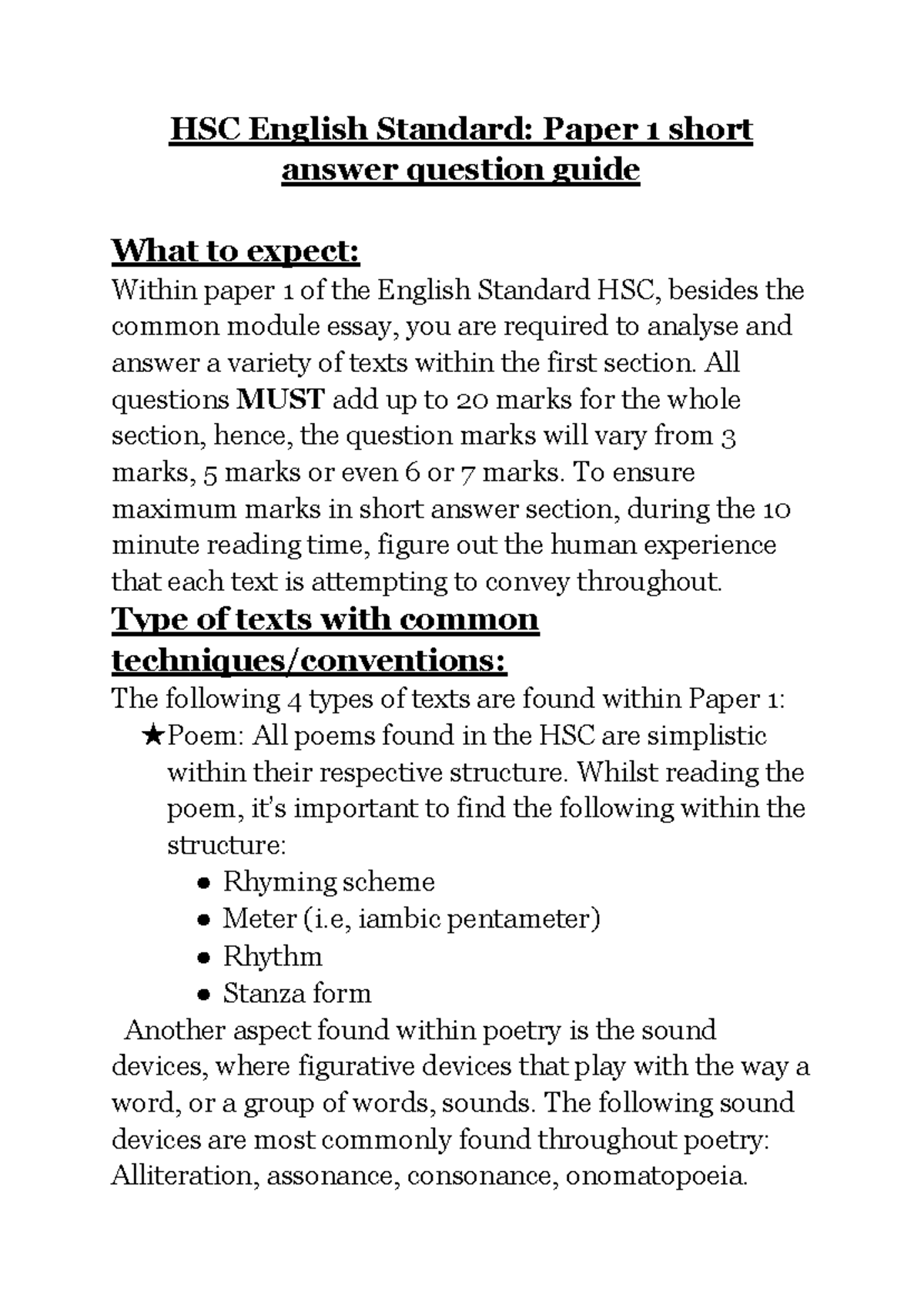 HSC English Standard: Paper 1 Short Answer Qs Guide - Studocu