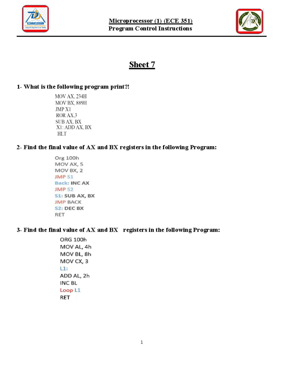 Final Exam Review: ECE 351 Microprocessor Control Instructions - Studocu