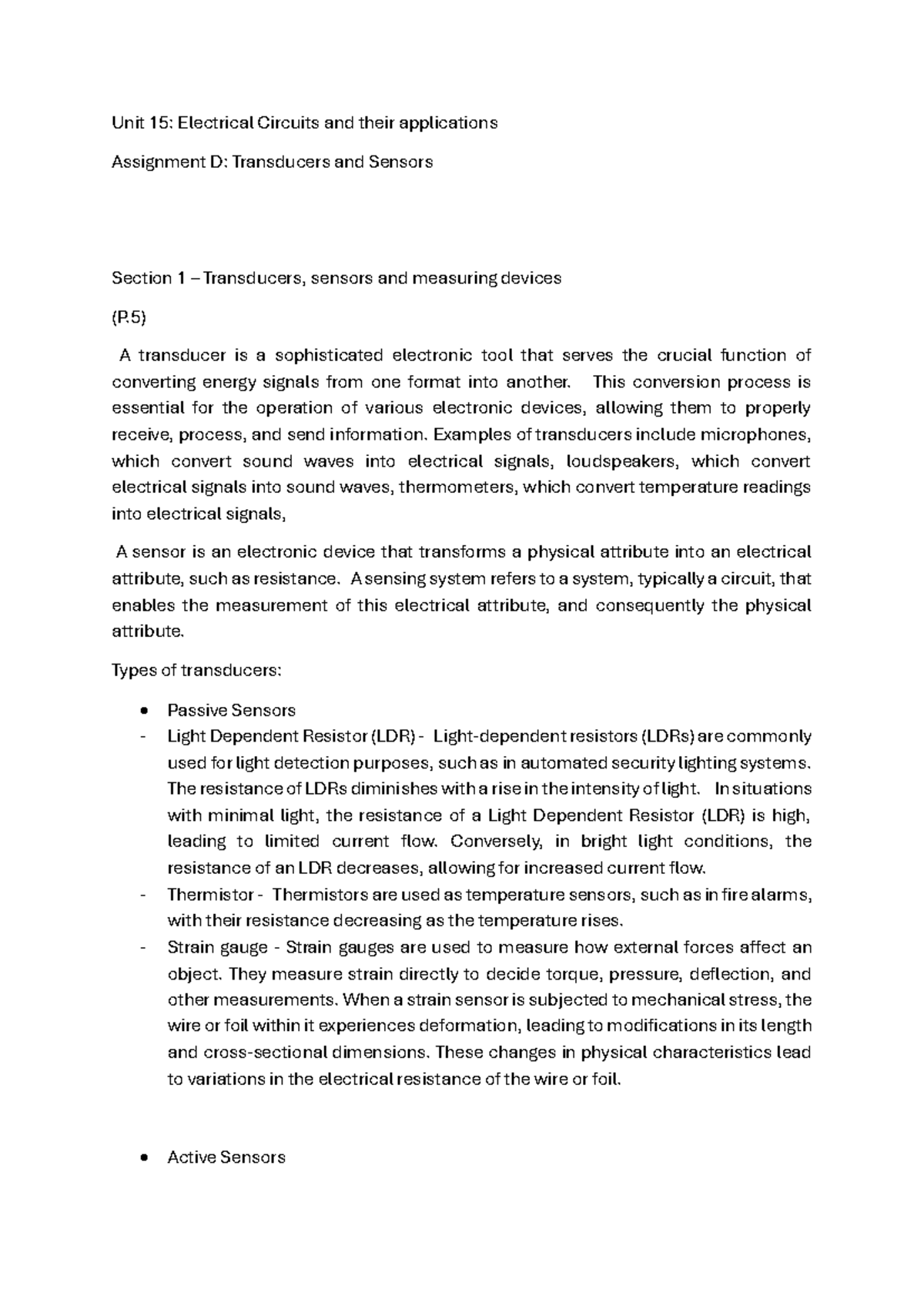 Unit 15 D - Assignment: Transducers & Sensors in Electrical Circuits ...