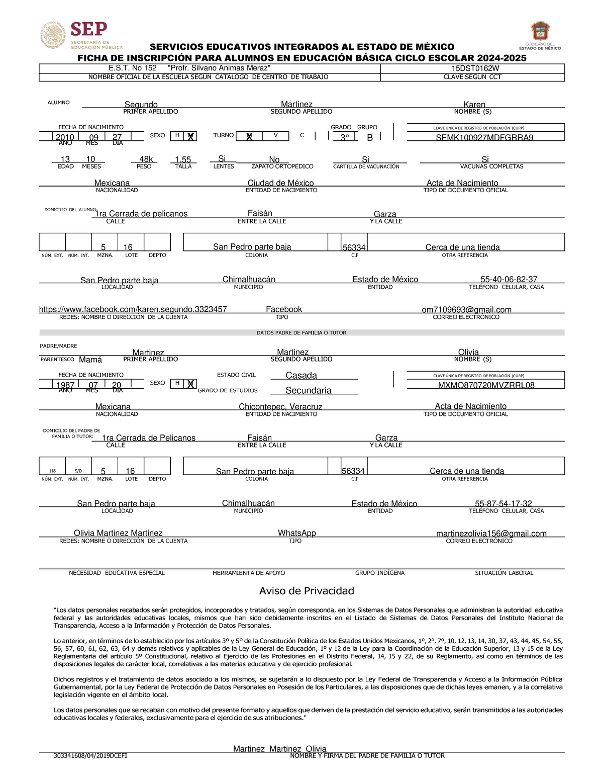 Ficha de Inscripción Educación Básica Ciclo 2024-2025 15DST0162W - Studocu