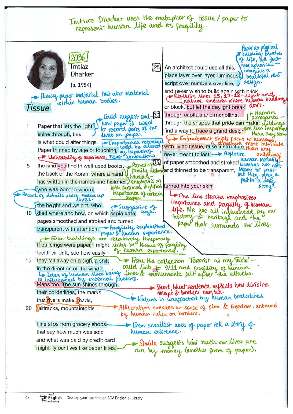 AQA 42 English: Last Minute Revision on Imtiaz Dharker's "Tissue ...