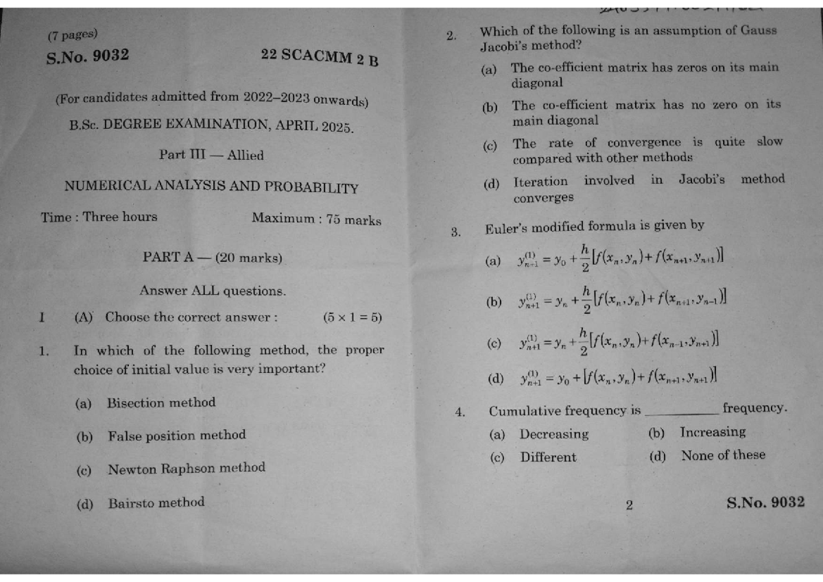Numerical Analysis & Probability Previous Year QP - B.Sc. 9032 - Studocu
