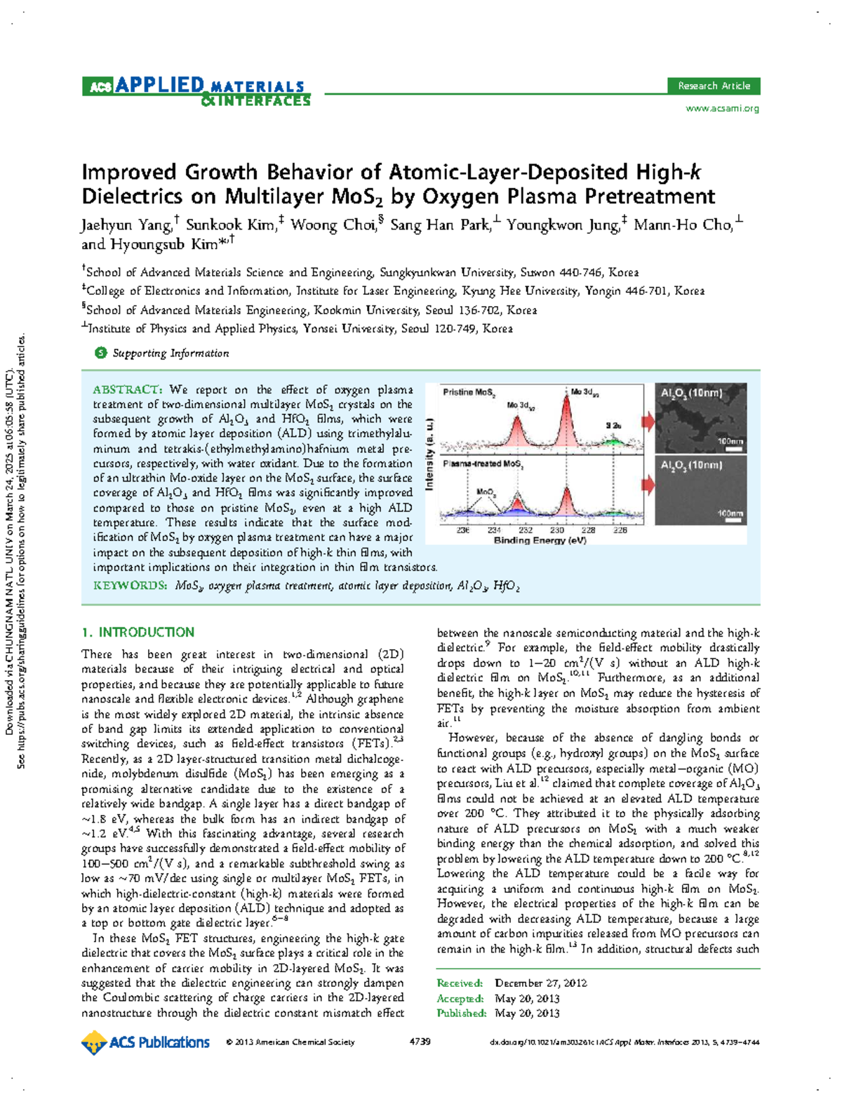 Title: Improved ALD Growth of Al2O3 and HfO2 on MoS2 via O2 Plasma ...