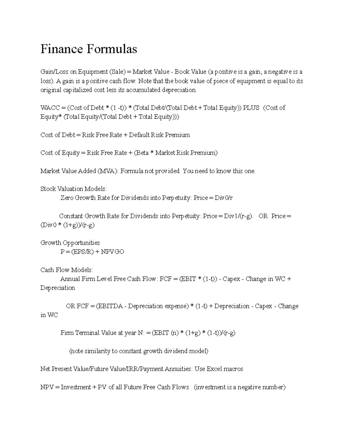Finance Formulas for Equipment Valuation and Cash Flow Analysis - Studocu