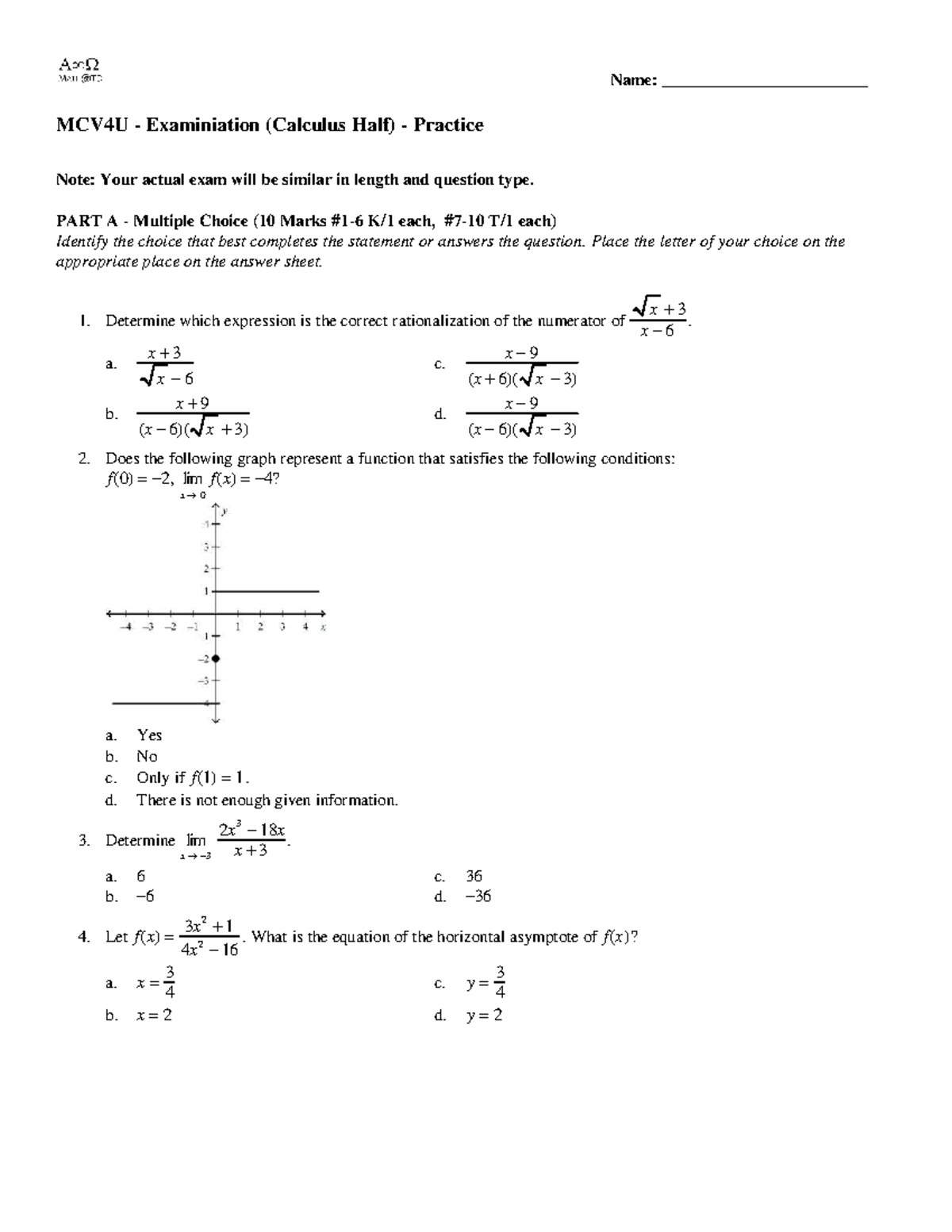 MCV4U Practice Calc Exam - Name: ________________________ MCV4U ...