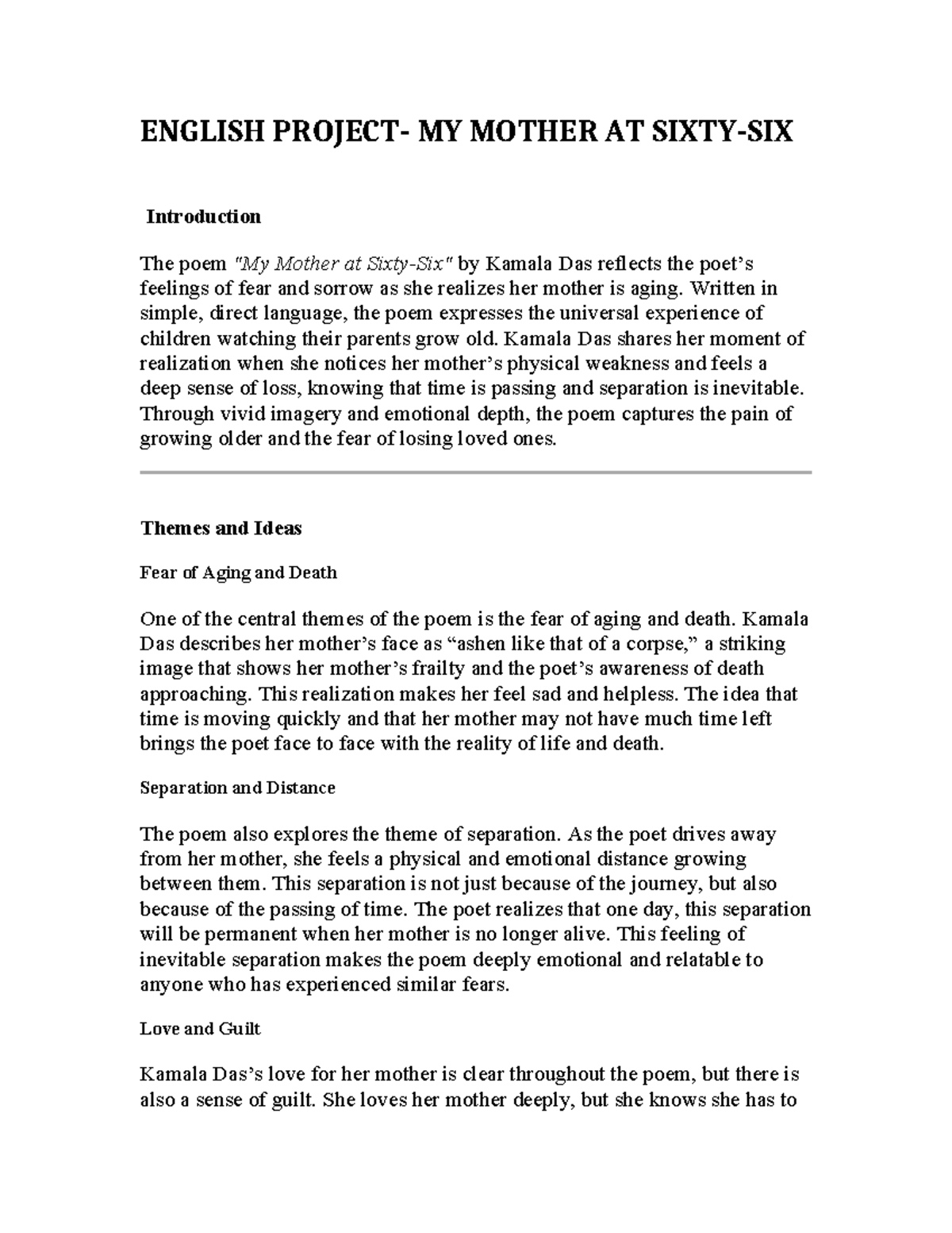 ENG 101: Analysis of Kamala Das's Poem "My Mother at Sixty-Six" - Studocu