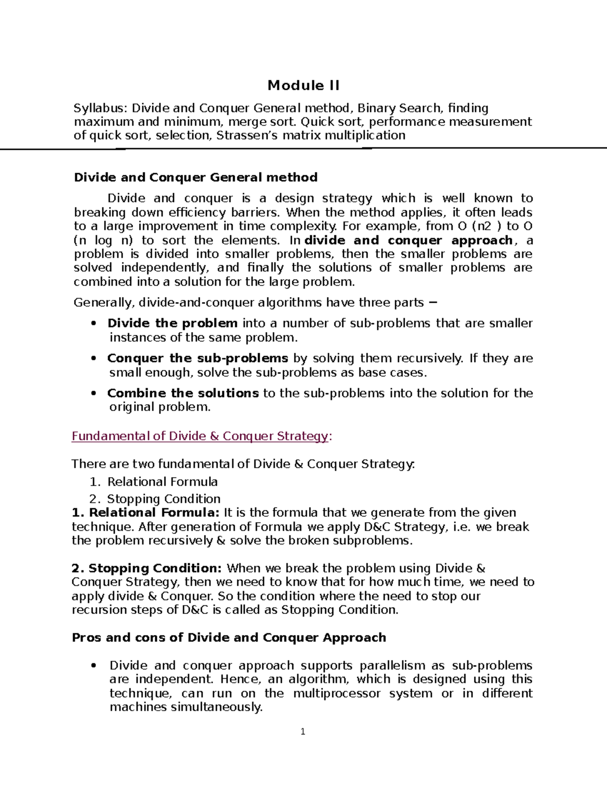 Module 2 daa - Module II Syllabus: Divide and Conquer General method ...