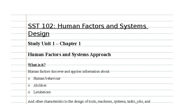 SST 102: Human Factors and Systems Design Study Unit 1 Overview - Studocu