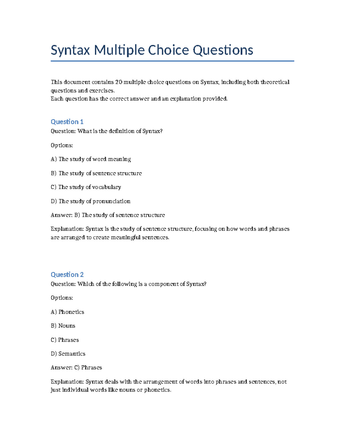Syntax MCQs: 20 Questions with Answers & Explanations - Studocu
