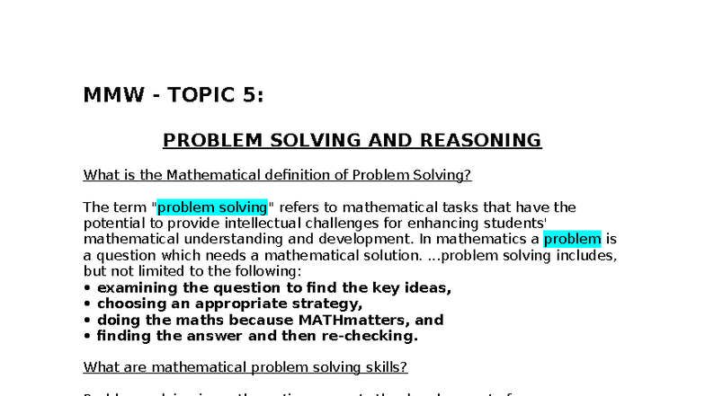 MMW 5: Problem Solving & Reasoning in Mathematics - Studocu